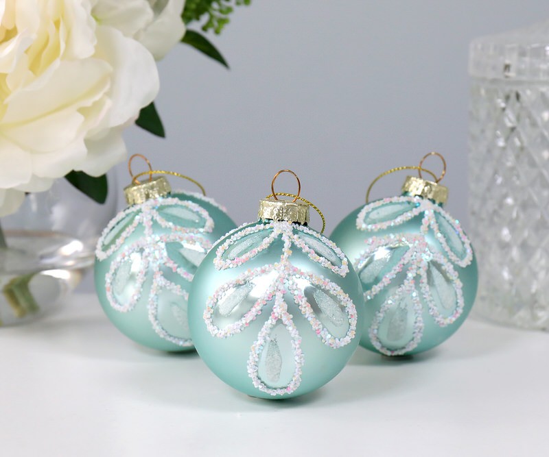 Set 3 Summer Dawn Aqua Baubles - White Leaves - Beautiful home decor at ...