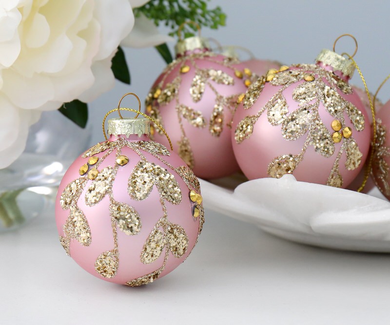 Set 3 Louisa Pink Tree Baubles 6cm - Gold Leaves