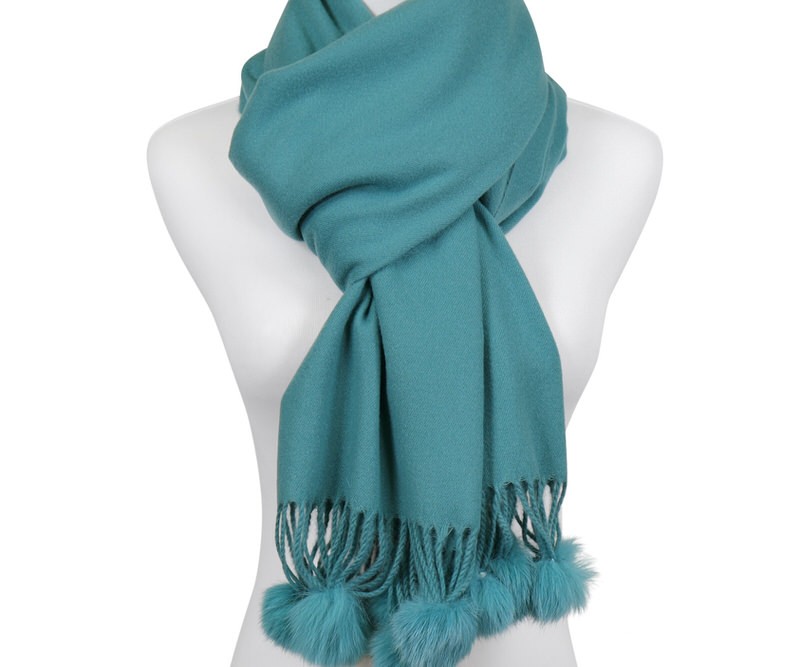 Madison Teal Fur PomPom Scarf