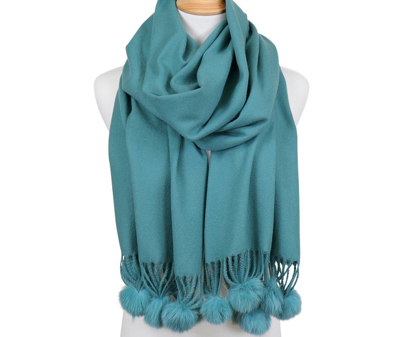 Madison Teal Fur PomPom Scarf