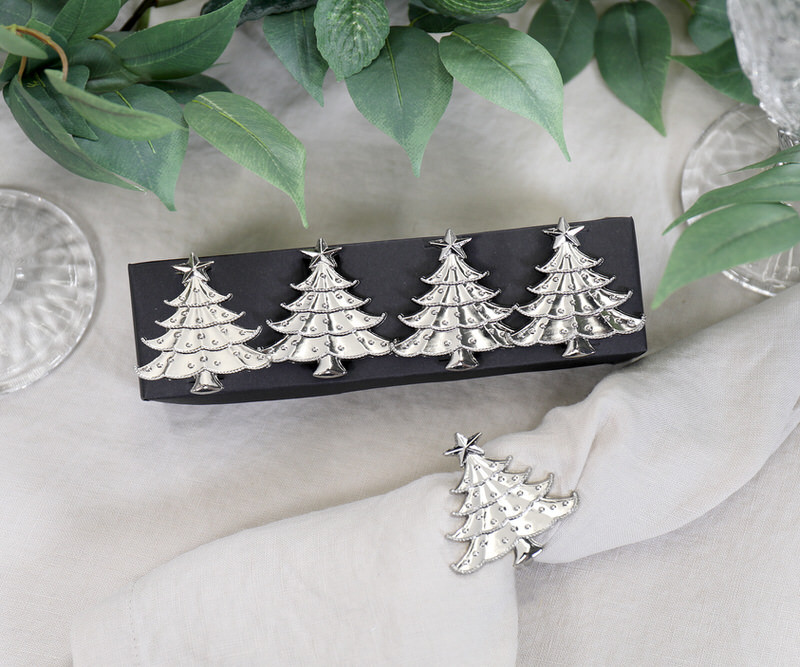 Set 4 Silver Christmas Tree Napkin Rings