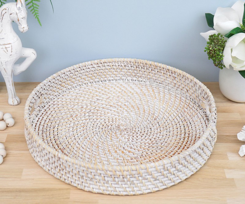 Whitsunday Round White & Rattan Tray - Small