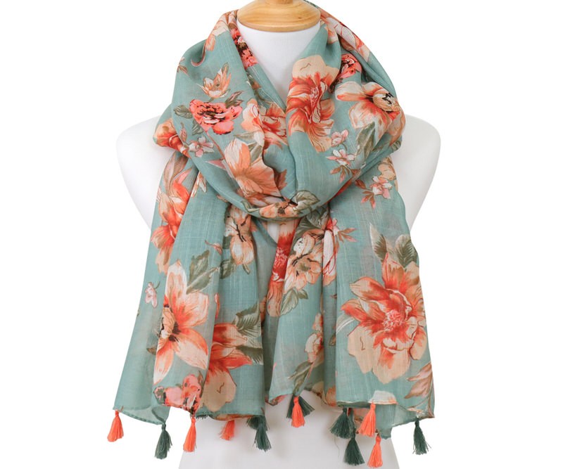 Carli Teal & Coral Scarf with Tassels