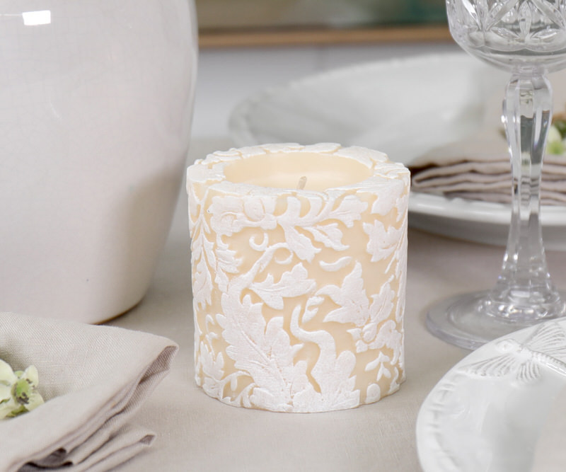 Small Ivory Damask Handpainted Candle - 7.5cm