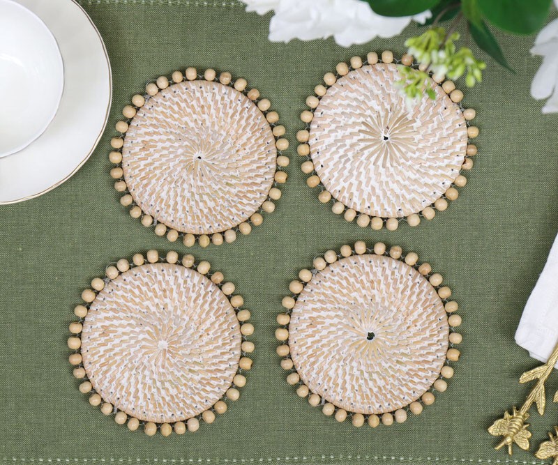Set 4 Avoca Whitewash Rattan Coasters