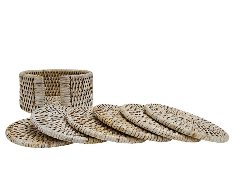 Set 6 Clontarf Whitewash Rattan Coasters with Holder