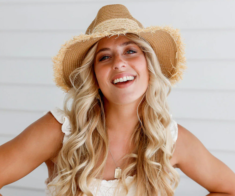 Tan Beachcomber Fedora Hat with Raffia Fringe