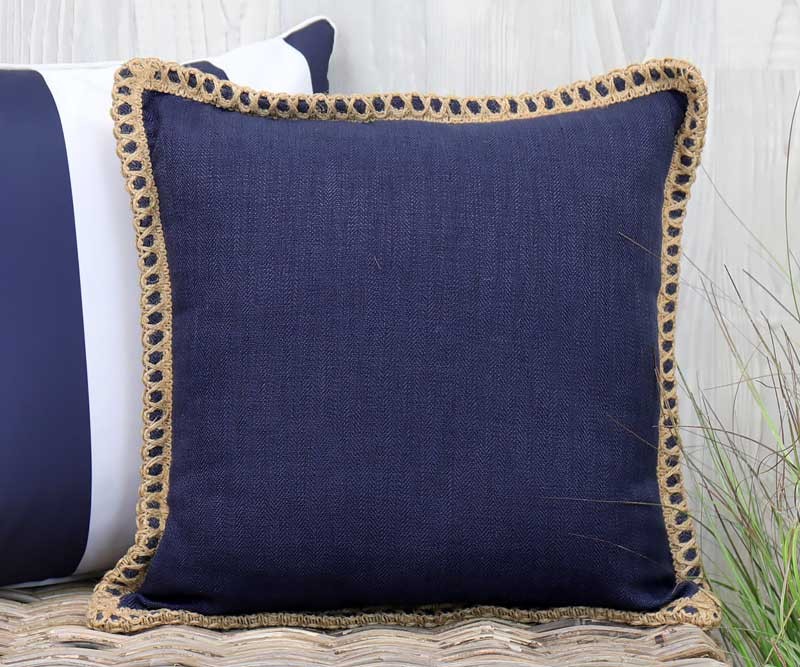Corfu Navy Linen Cushion with Jute Edging