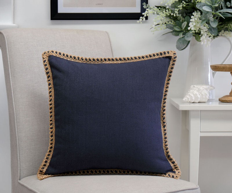 Corfu Navy Linen Cushion with Jute Edging