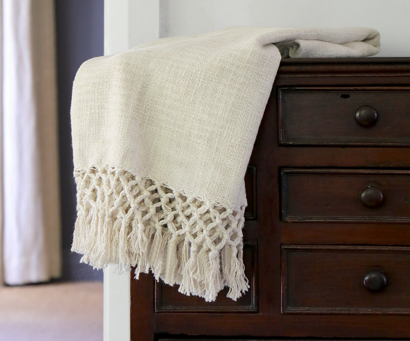 Cabana Crossed Fringe Throw - Cream
