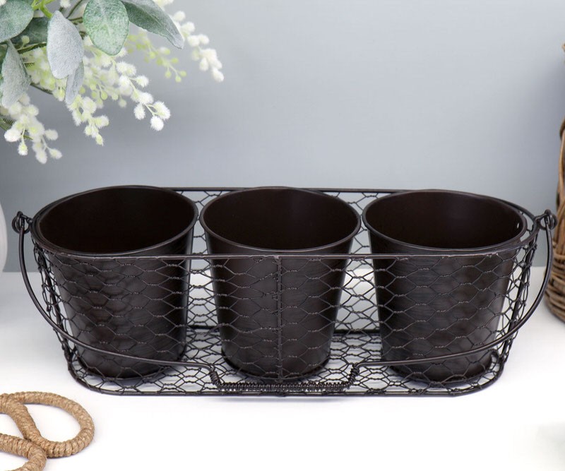 Bradfield Tin Pots in Wire Basket - Black