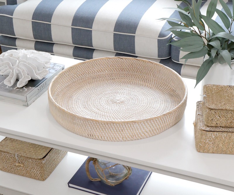 Fraser Round Whitewash Rattan Tray - Small