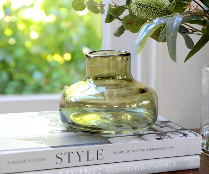 Short Ariella Green Glass Vase - Beautiful home decor at French Knot