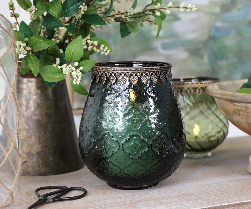 Penrose Embossed Glass Candle Holder - Forest Green